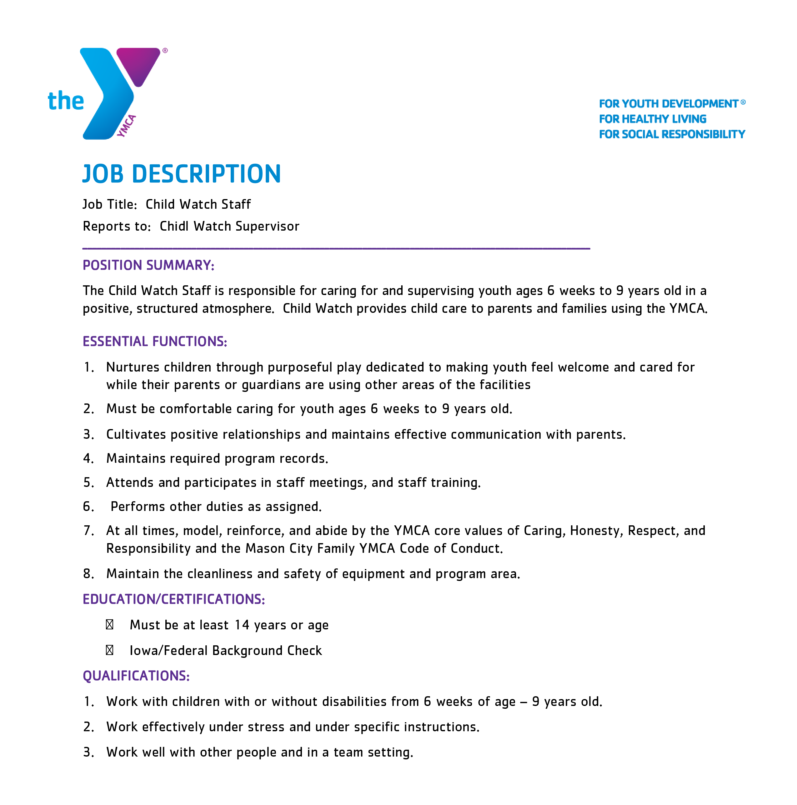 Child Watch Staff – MASON CITY FAMILY YMCA